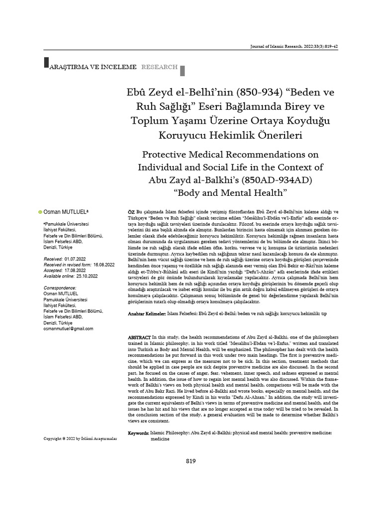 Ebû Zeyd El-Belhî'nin (850-934) Beden Ve Ruh Sağlığı | PDF