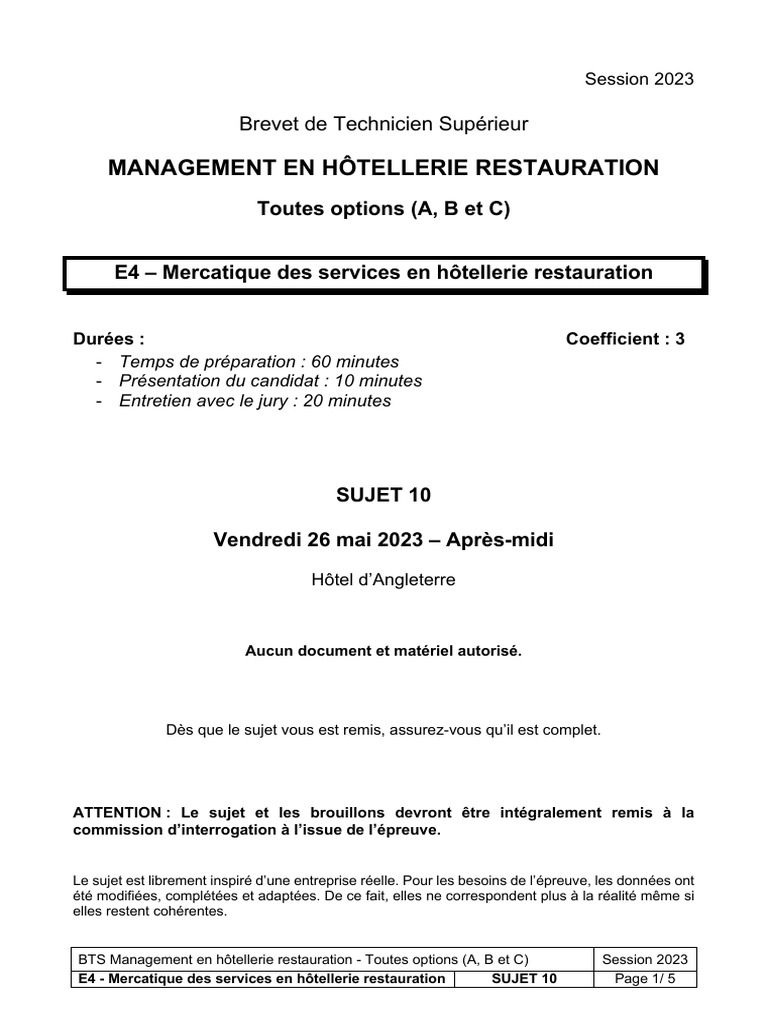 Bts MHR 2023 E4. Sujet 10 - Hotel D Angleterre | PDF | Affaires