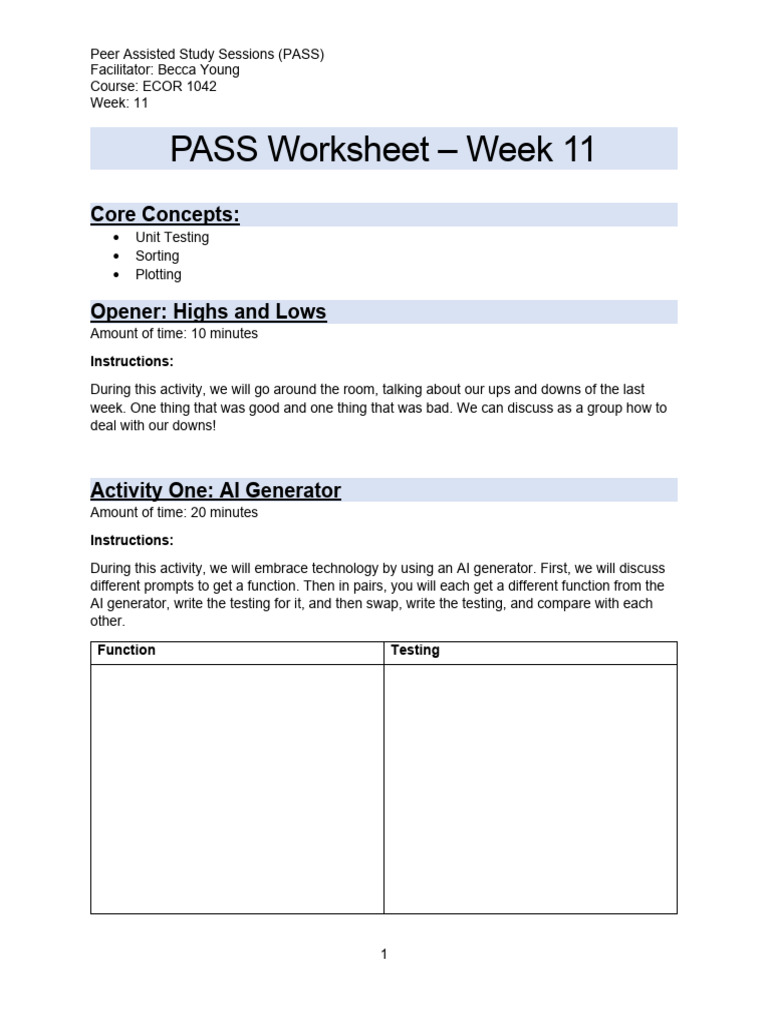 ECOR 1042 - PASS Worksheet Week 11 | PDF | Teaching Methods & Materials