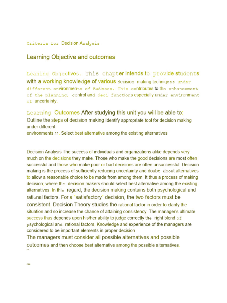 Criteria For Decision Analysis | PDF | Decision Making | Decision Theory