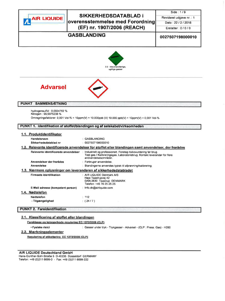 (DK) MSDS Air Liquide H2s Gasblandning | PDF
