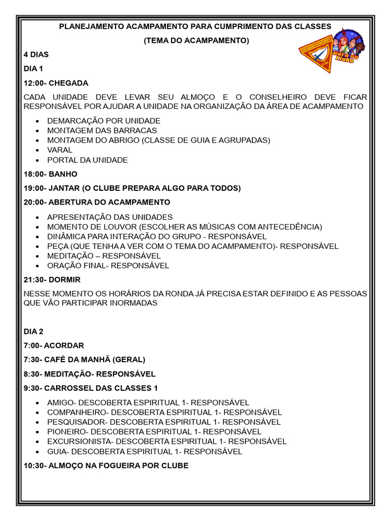 06 Planejamento Acampamento para Cumprimento Das Classes | PDF