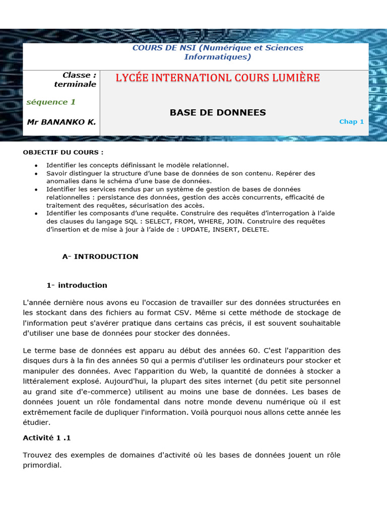 Cours de Nsi Bases de Donnees Complet | PDF