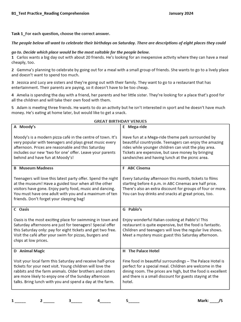 B1 Reading Comprehension Birthdays | PDF