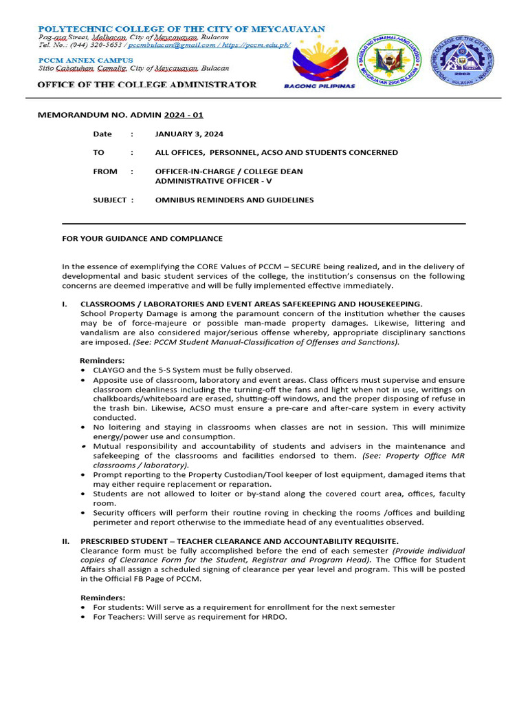 ADMIN MEMO NO. 2024 01 Omnibus Reminders and Guidelines | PDF ...