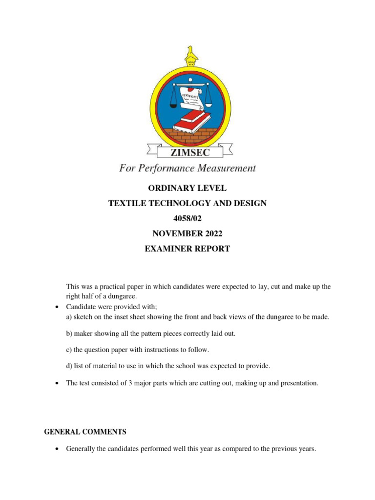 O Level Textile Technology And Design 405802 Examiners Report Pdf