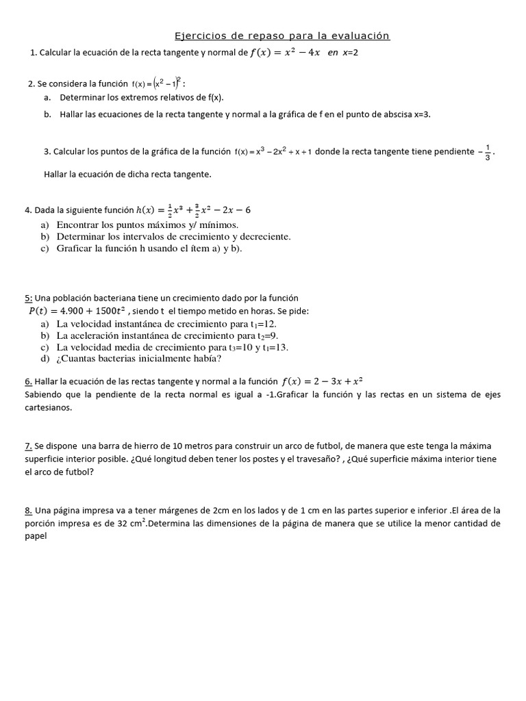 Ejercicios de Repaso para La Evaluació Aplicaciones de La Derivada | PDF