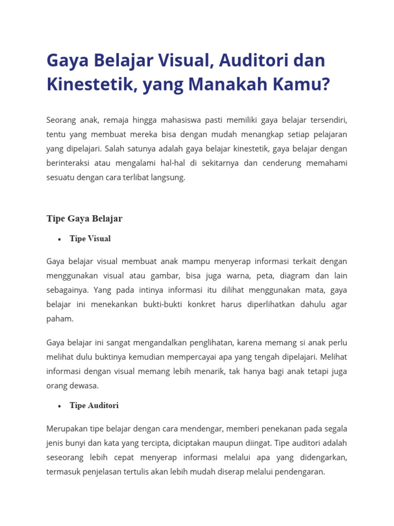 Gaya Belajar Visual Auditori Kinestetik | PDF
