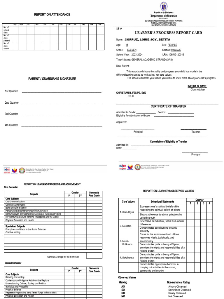 New Report Card SHS Nis | PDF