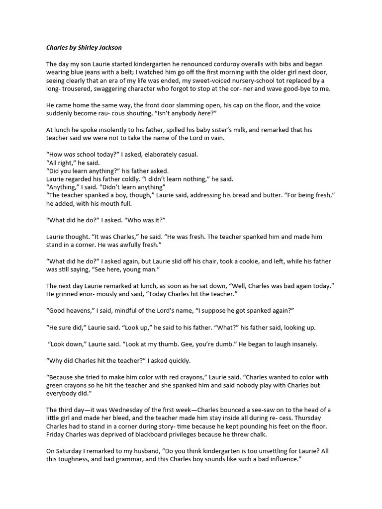Charles by Shirley Jackson_-story and comprehension questions | PDF