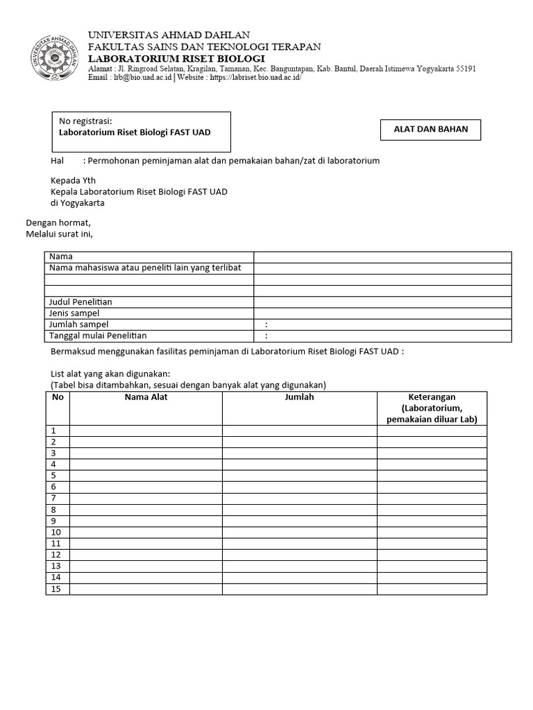Form Peminjaman Alat Laboratorium | PDF