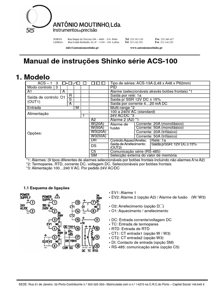Manual de Instruções Shinko Série ACS-100 1. Modelo: Alarme ...