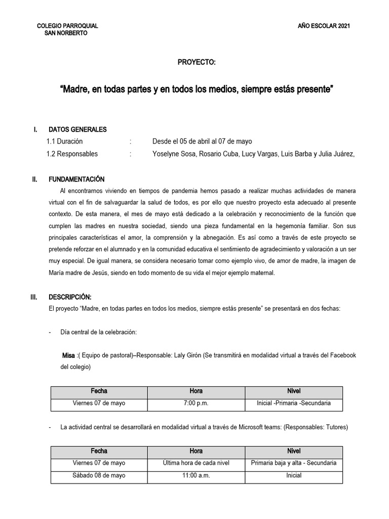 Proyecto Al Día de La Madre 2021 | PDF