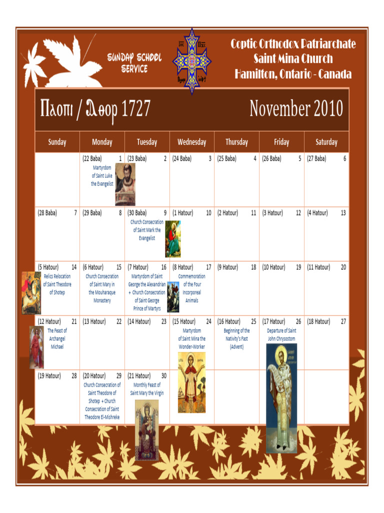 Coptic Calendar Events November 2010 | PDF | Christian Saints ...