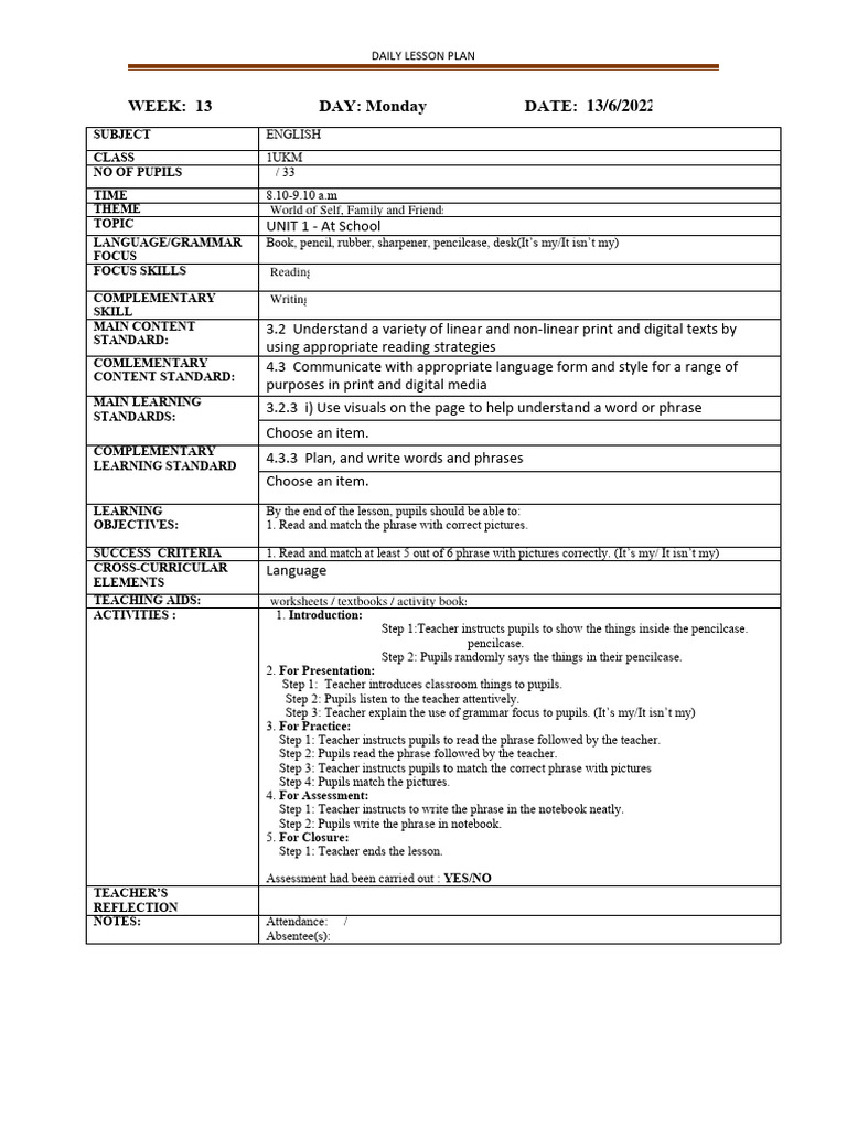 Lesson Plan Year 1 (Week 13) | PDF | Lesson Plan | Teachers
