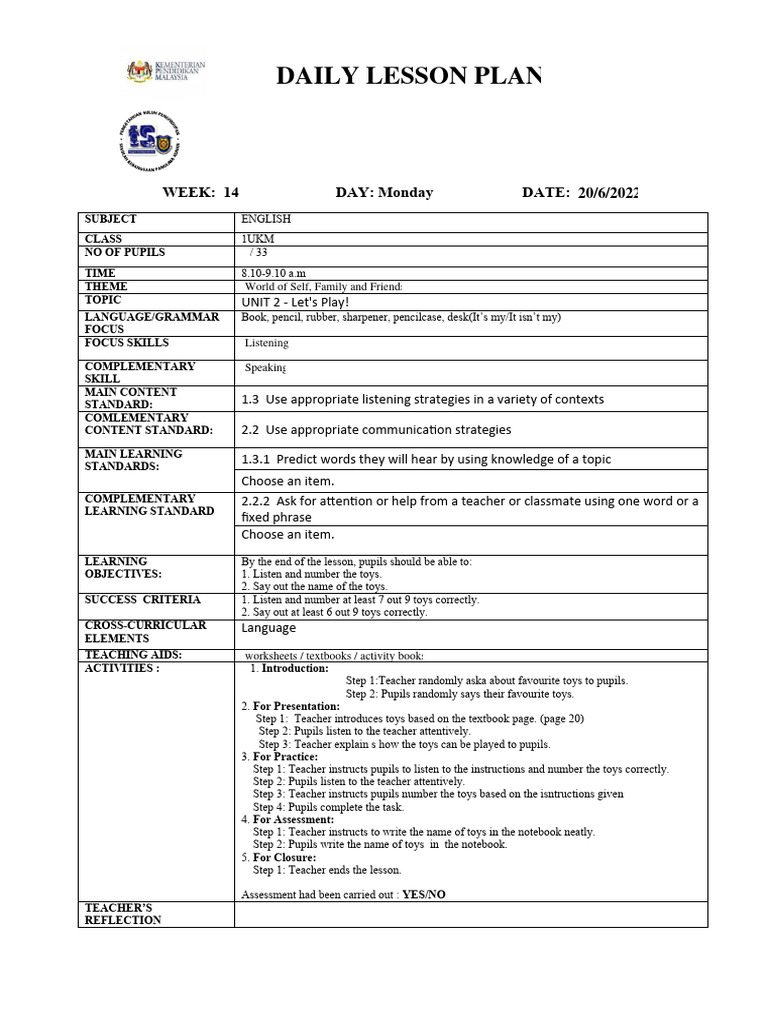 LESSON PLAN YEAR 1 (WEEK 14) | PDF LESSON PLAN YEAR 1 (WEEK 14) | PDF