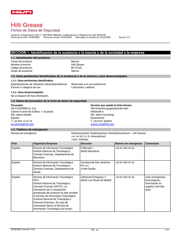 Ficha de Seguridad de Hilti Grease | PDF