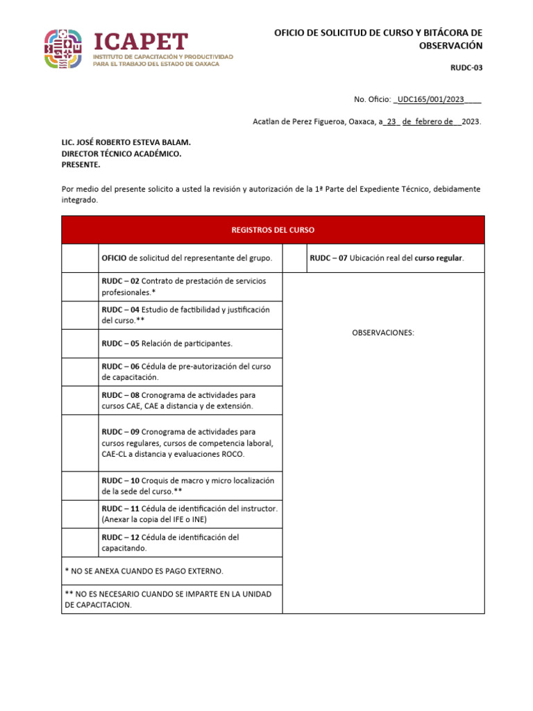 Rudc-03 Oficio de Solicitud de Curso y Bitácora de Observación | PDF | Tecnología