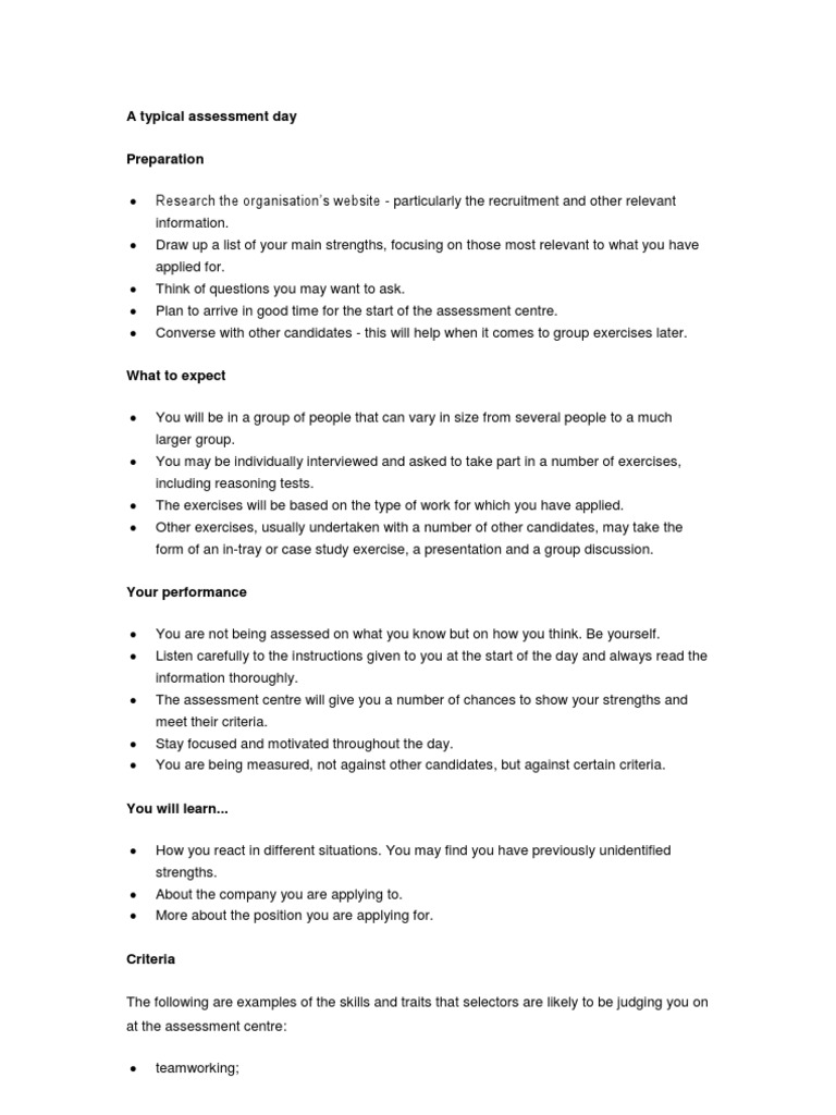 Preparing for assessment day exercises | PDF | Educational Assessment ...