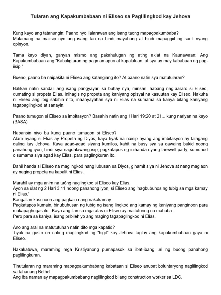 Tularan Ang Kapakumbabaan Ni Eliseo Sa Paglilingkod Kay Jehova | PDF