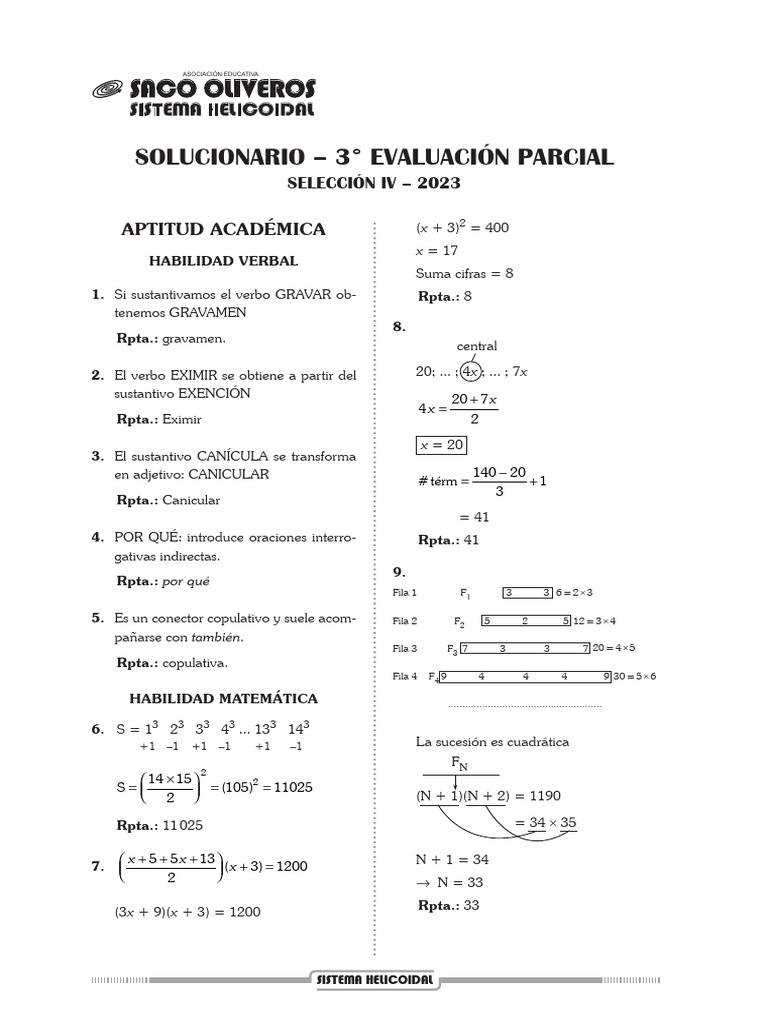 Solucionario 3° Evaluación Parcial Selección 4 | PDF