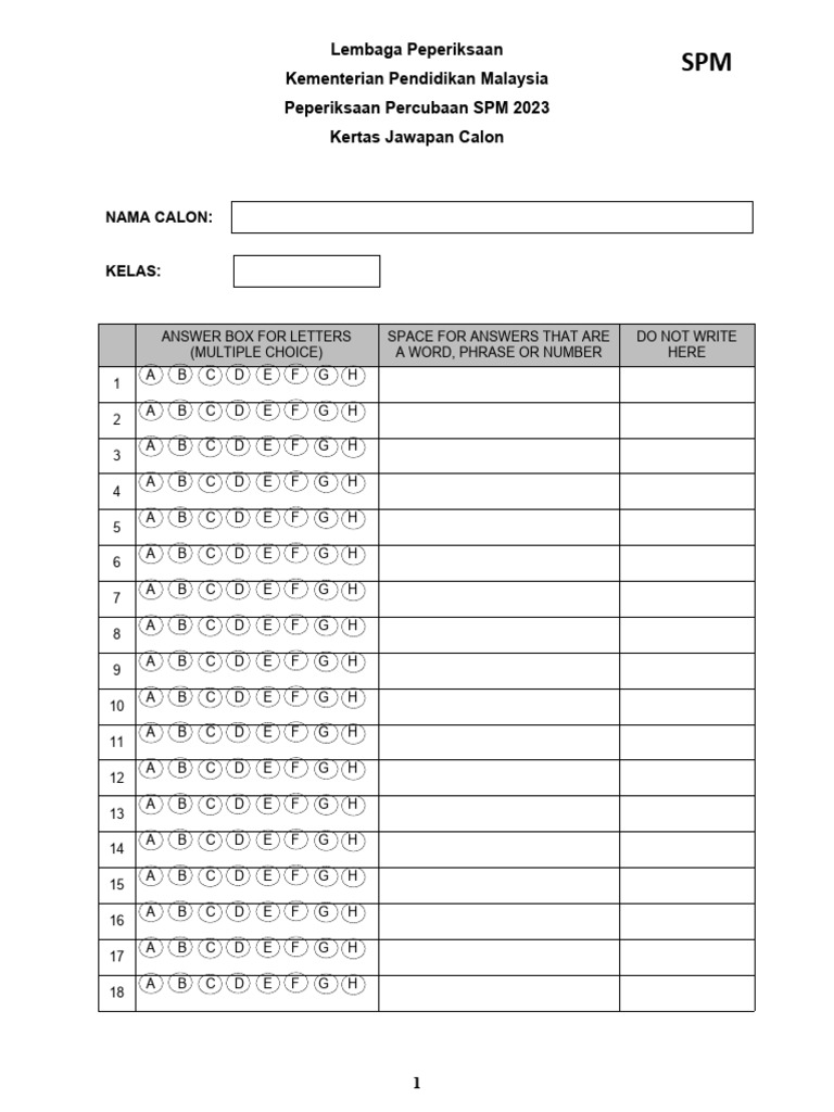 SPM Trial 2023 Reading Answer Sheet | PDF