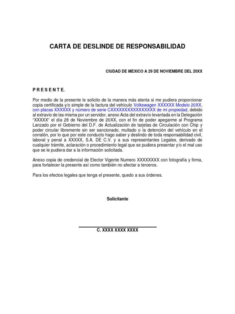 Carta Deslinde de Responsabilidad para solicitud de copia de factura de ... Carta Deslinde de Responsabilidad para solicitud de copia de factura de ...