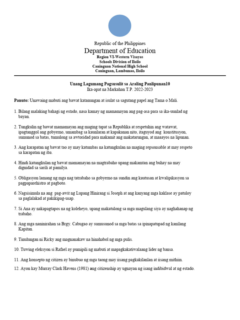 Summative Test AP10 Q4 | PDF Summative Test AP10 Q4 | PDF