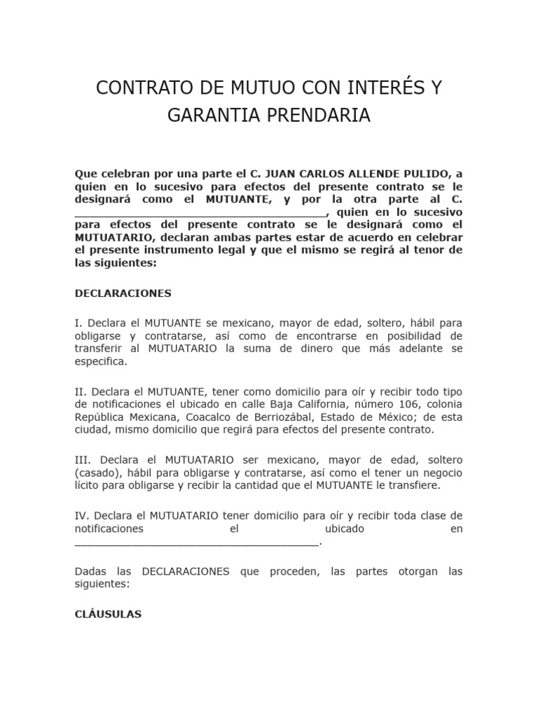 CONTRATO DE MUTUO CON INTERÉS Y GARANTIA | PDF