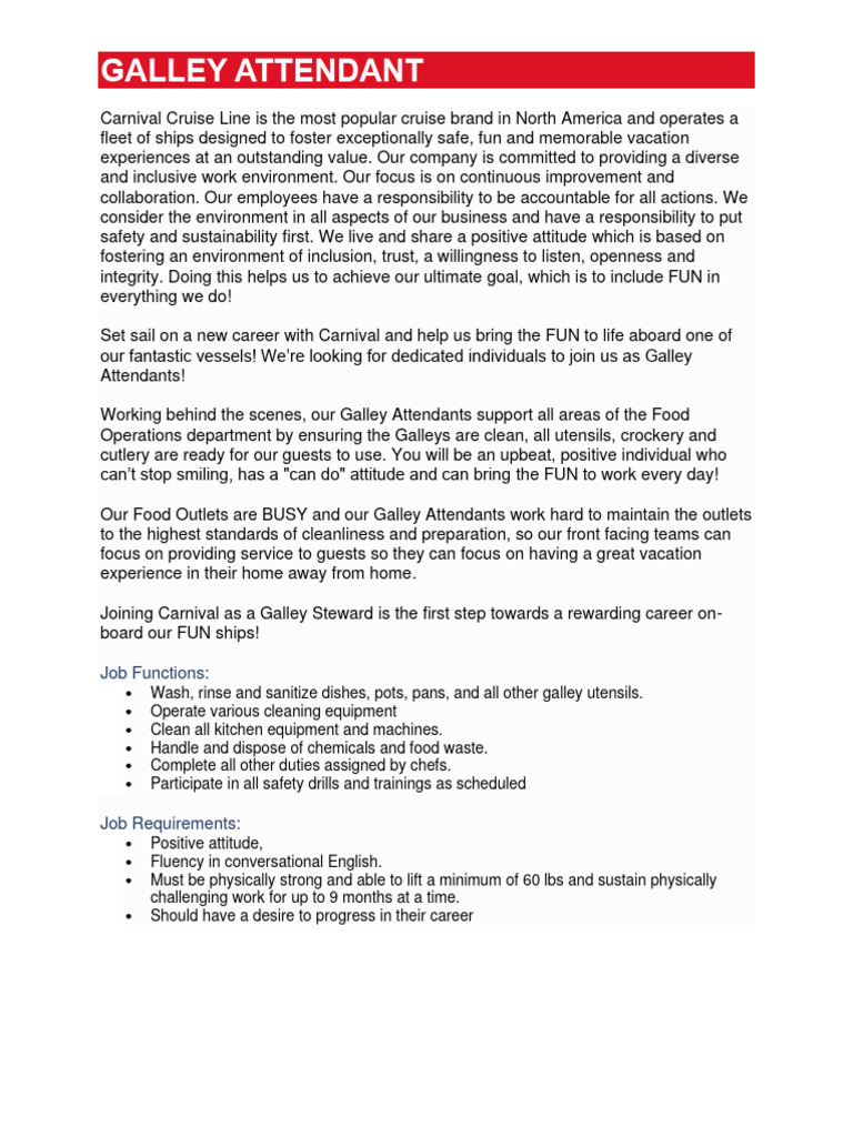 GALLEY ATTENDANT Carnival Cruise Lines | PDF