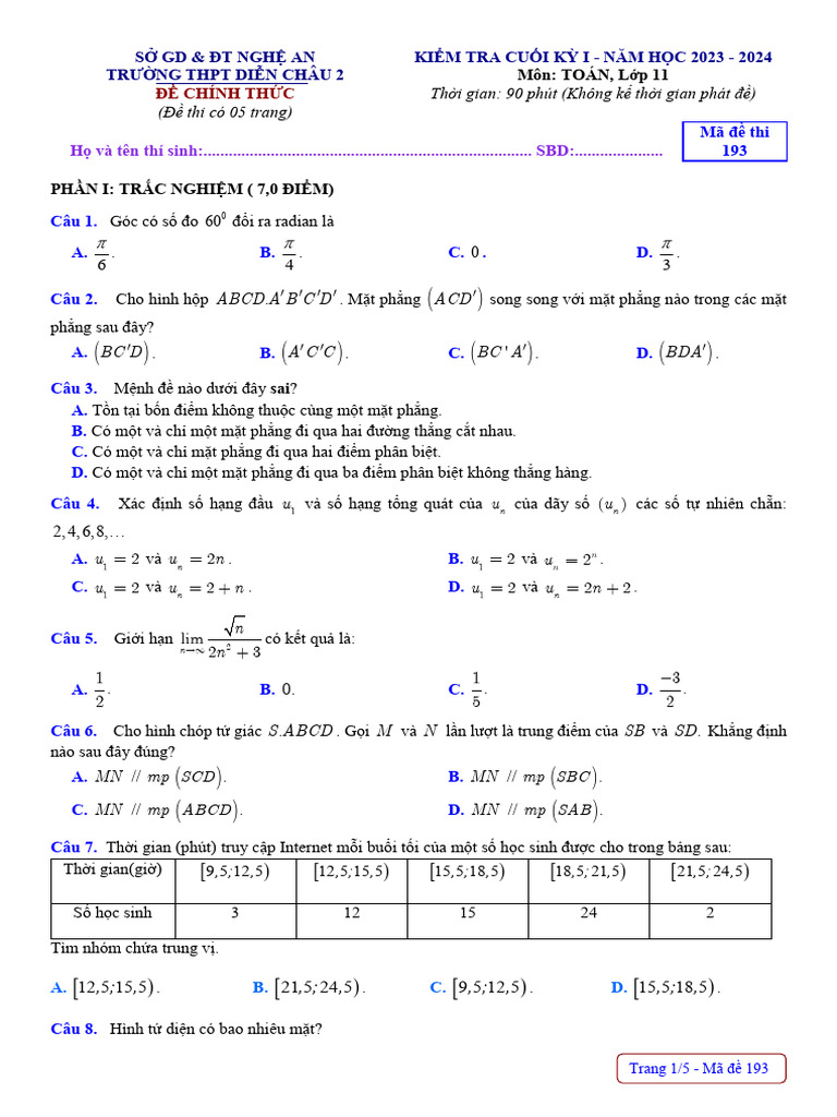 De Cuoi Ky 1 Toan 11 Nam 2023 2024 Truong THPT Dien Chau 2 Nghe An | PDF