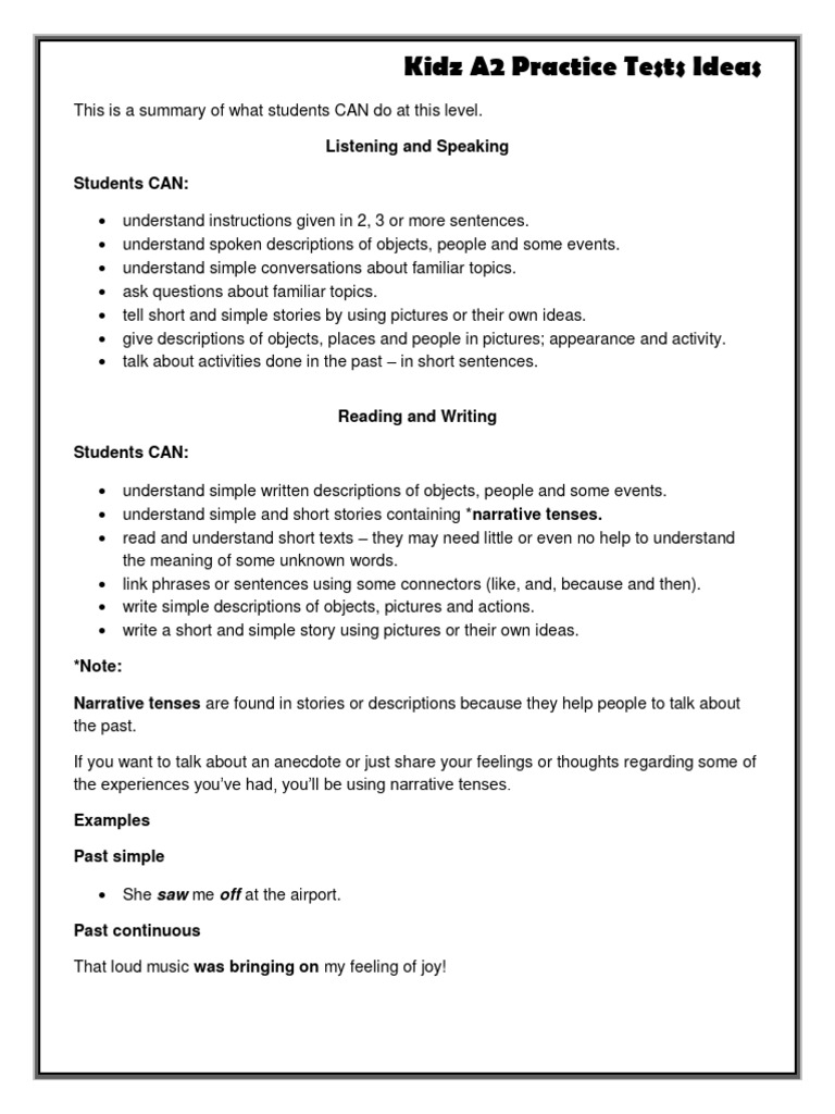 Kidz A2 Practice Test Strategies | PDF