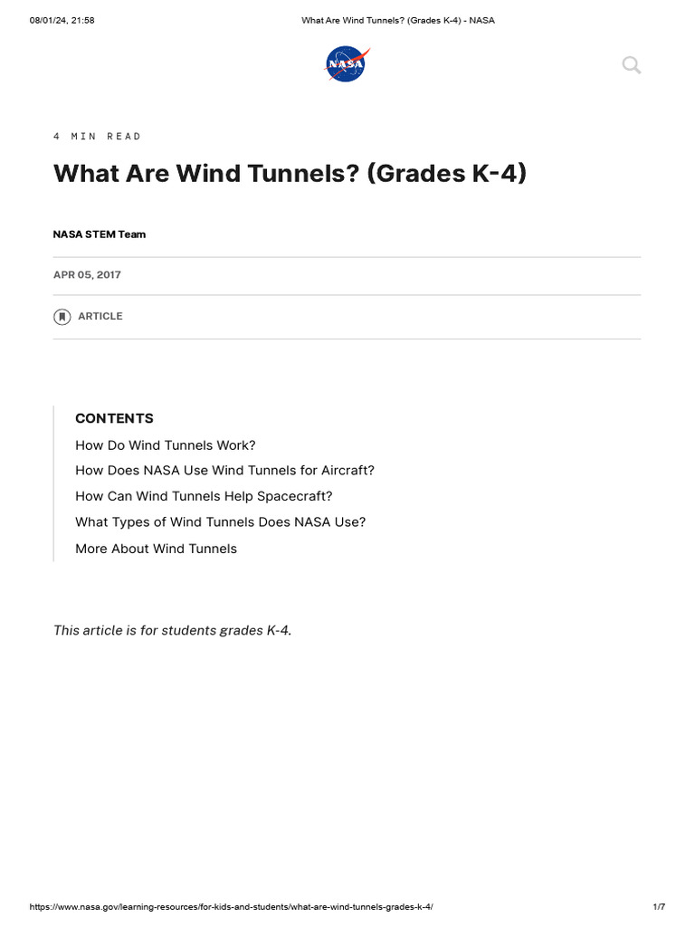 What Are Wind Tunnels - (Grades K-4) - NASA | PDF | Wind Tunnel | Nasa