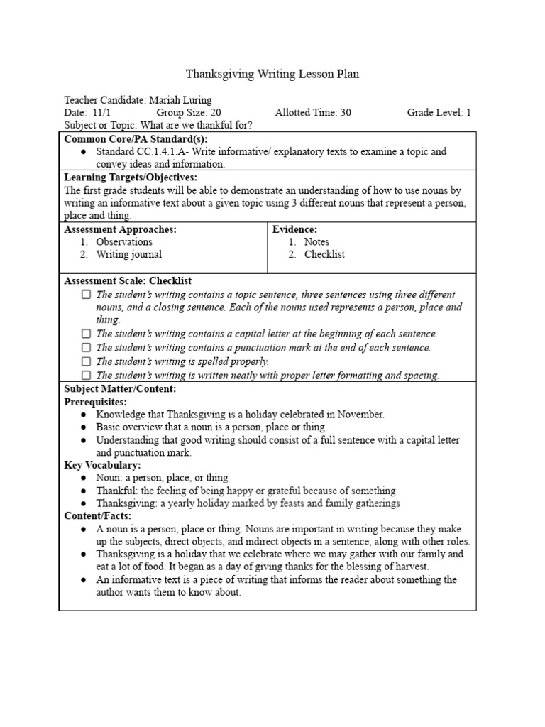 Thanksgiving Noun Writing Lesson Plan | PDF | Punctuation | Thanksgiving