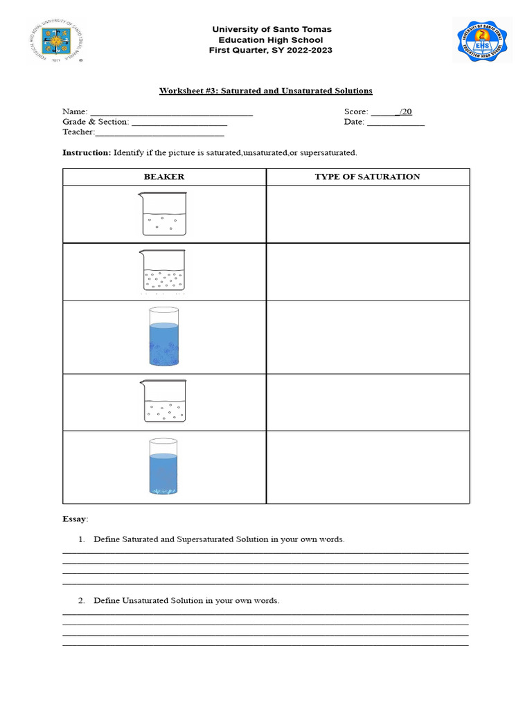 Grade 7 Saturated and Unsaturated Solution Worksheet | PDF | Career ...