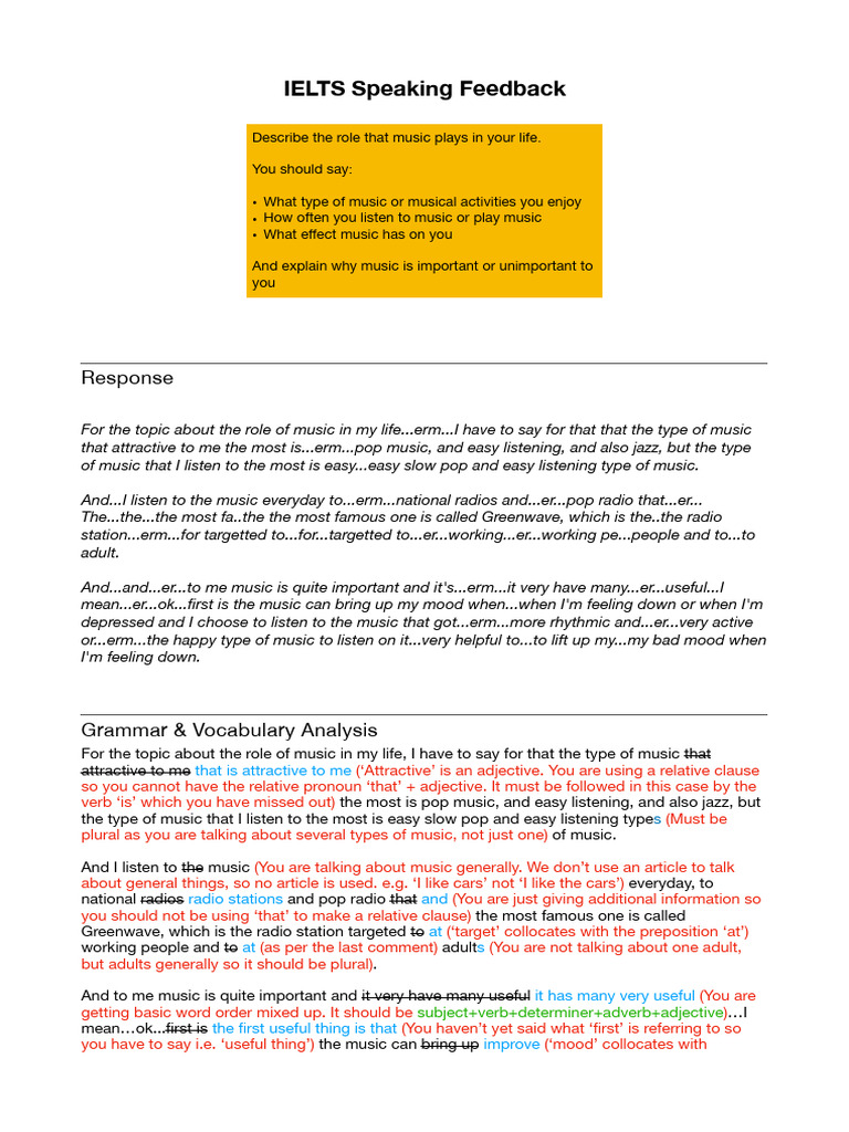 IELTS Speaking Feedback Analysis | PDF | Word | Clause