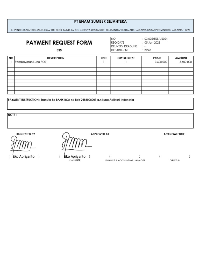 Payment Request Form for Luna POS | PDF