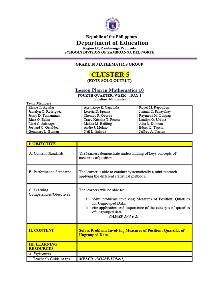 SOLO MATH LESSON PLAN - G10 - Ccluster 5 | Download Free PDF | Learning ...