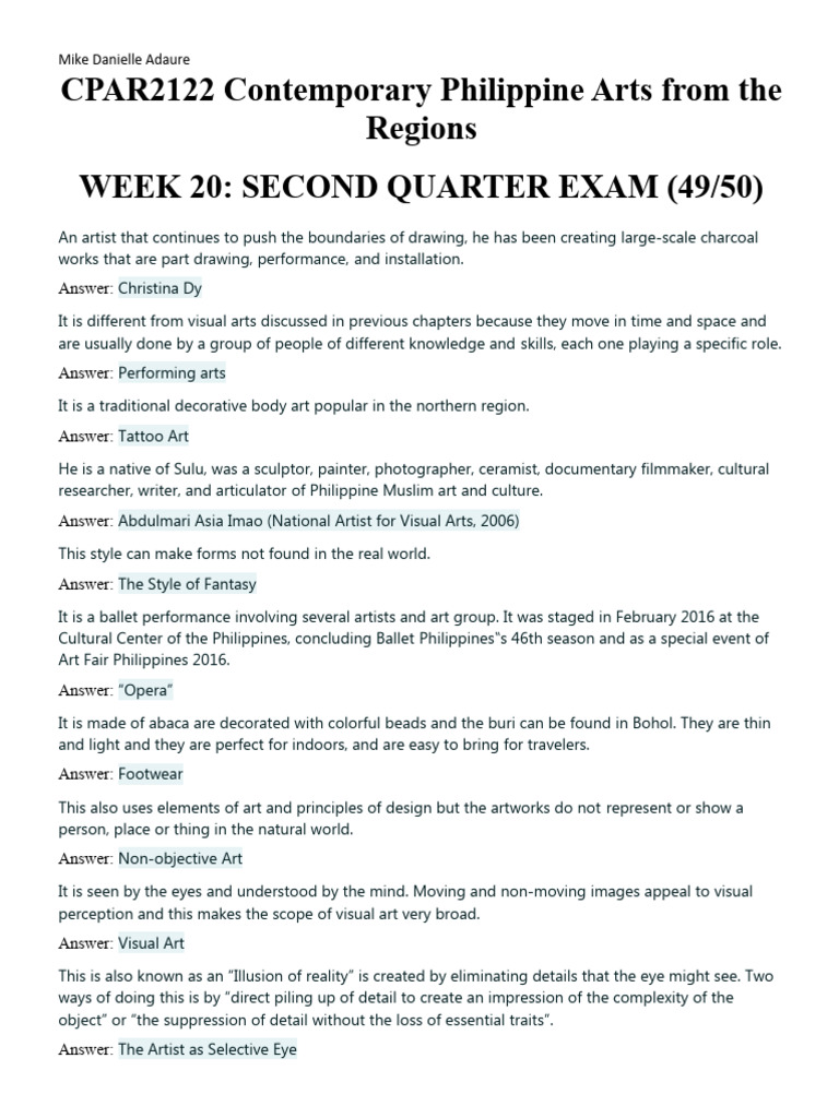 CPAR2122 Contemporary Philippine Arts From The Regions Second Quarter Exam WEWO 2023 | PDF