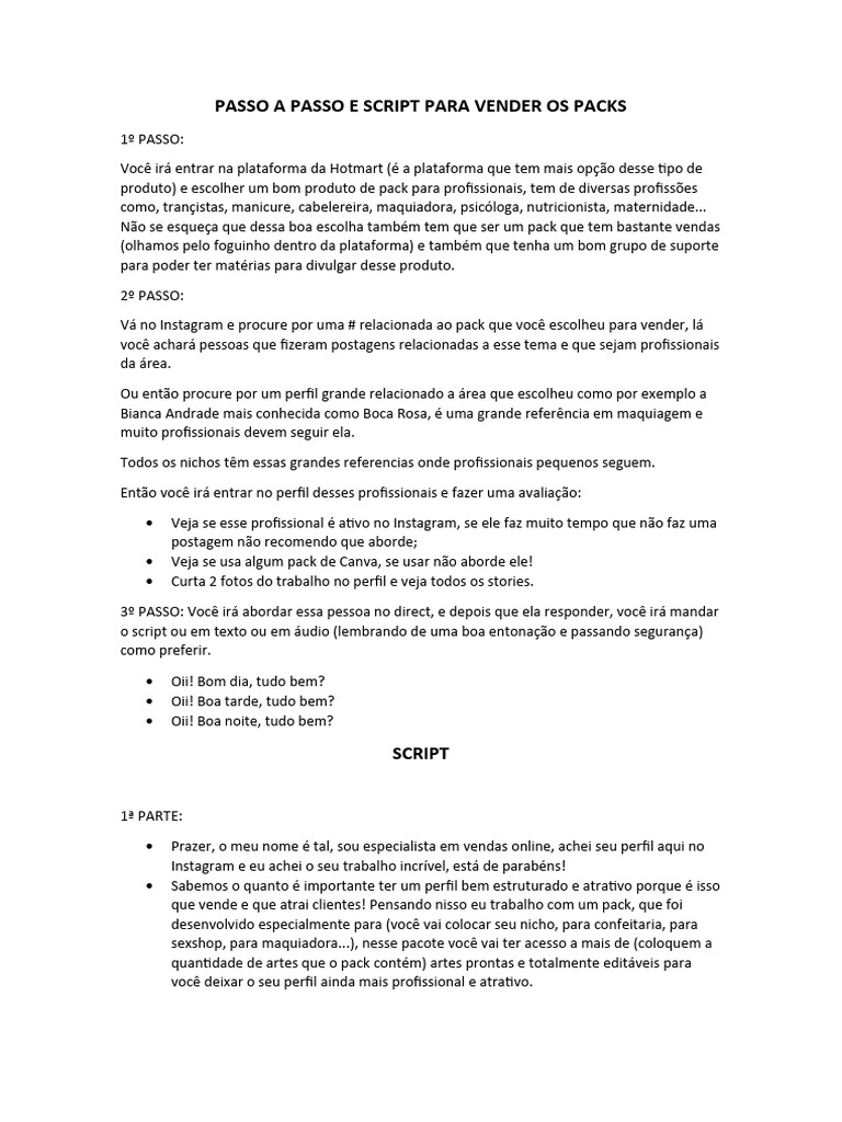 PASSO A PASSO E SCRIPT PARA VENDER OS PACKS | PDF