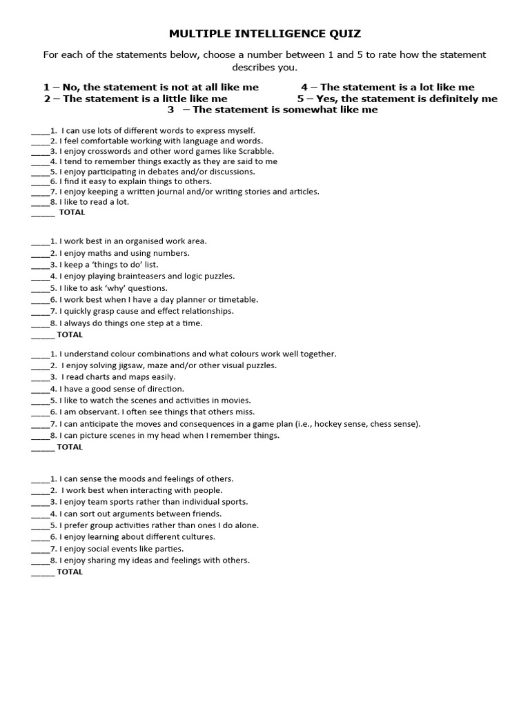 Multiple Intelligence Quiz | PDF | Self-Improvement