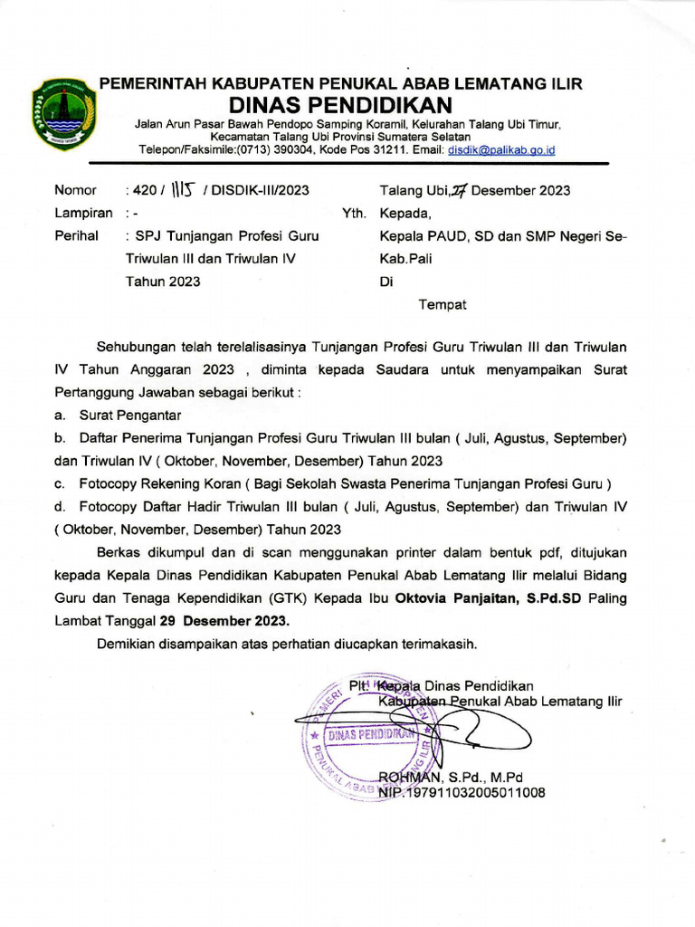 Surat Edaran SPJ TPG TW III Dan TW IV | PDF