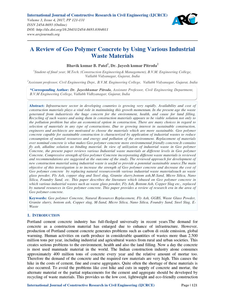 A Review of Geo Polymer Concrete by Using Various Industrial Waste ...