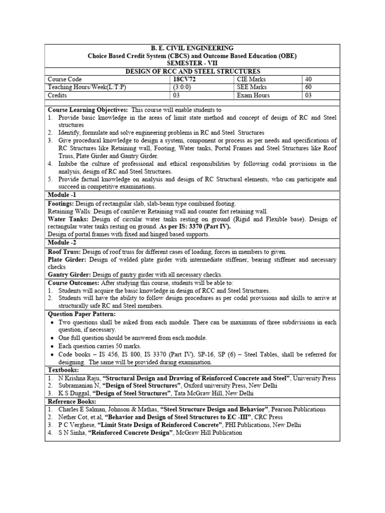 18CV72 - Design of RCC and Steel Notes | PDF | Truss | Course Credit
