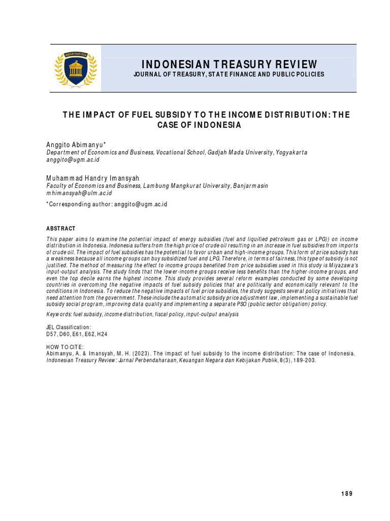 BBS IV The Impact of Fuel Subsidy To The Income Distribution The Case of Indonesia | Download ...