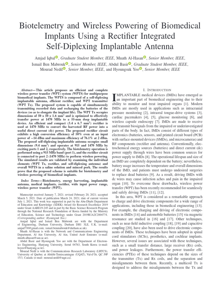 Biotelemetry and Wireless Powering of Biomedical Implants Using A Rectifier Integrated Self ...