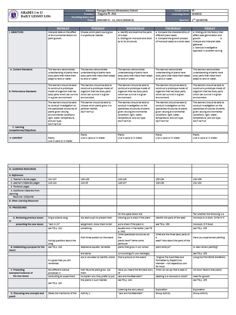DLL - Science 4 - Q2 - W8 | PDF | Learning | Seed