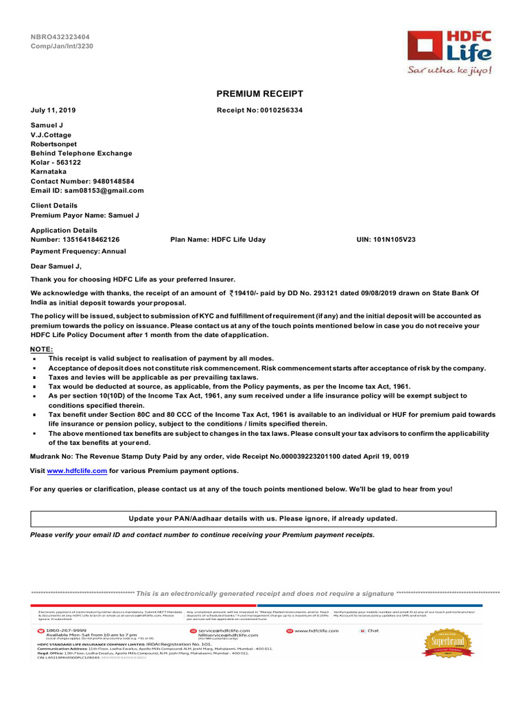 Payment Receipt 0010256334 Life | PDF