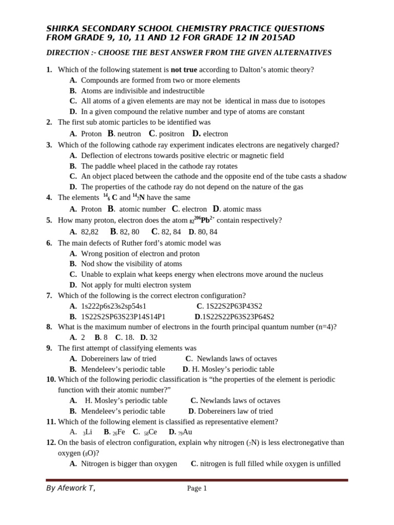 Chem Practice Questions 2015 | PDF