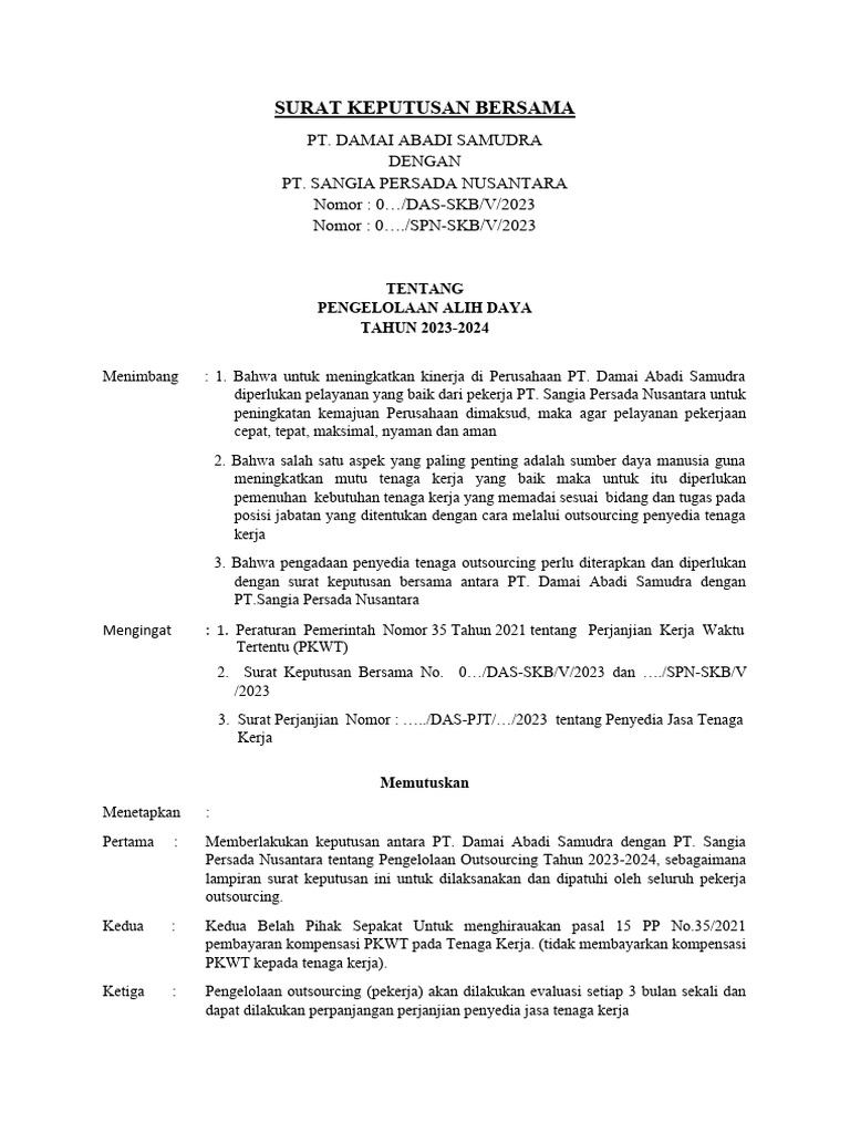 Surat Keputusan Bersama PT. DAS - PT. PMS | PDF